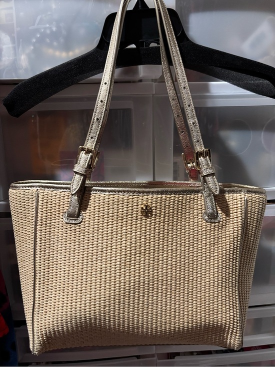 Bags | Tory Burch Woven Neutral Tote With Metallic Gold Trim Womens ...